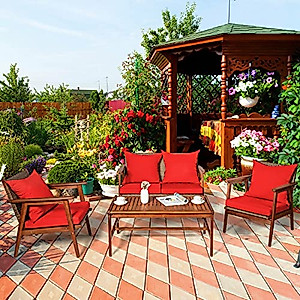 LUKEO 4PCS Patio Rattan Furniture Set Acacia Wood Frame Cushioned Sofa Chair Red Single Sofa