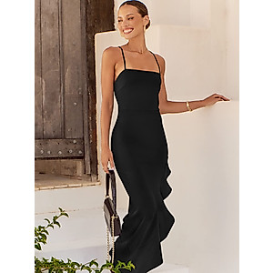 ANRABESS Women Prom Dress 2024 Summer Bodycon Formal Maxi Dresses Ruffle Side Split Cocktail Wedding Guest Date Dress Black Small