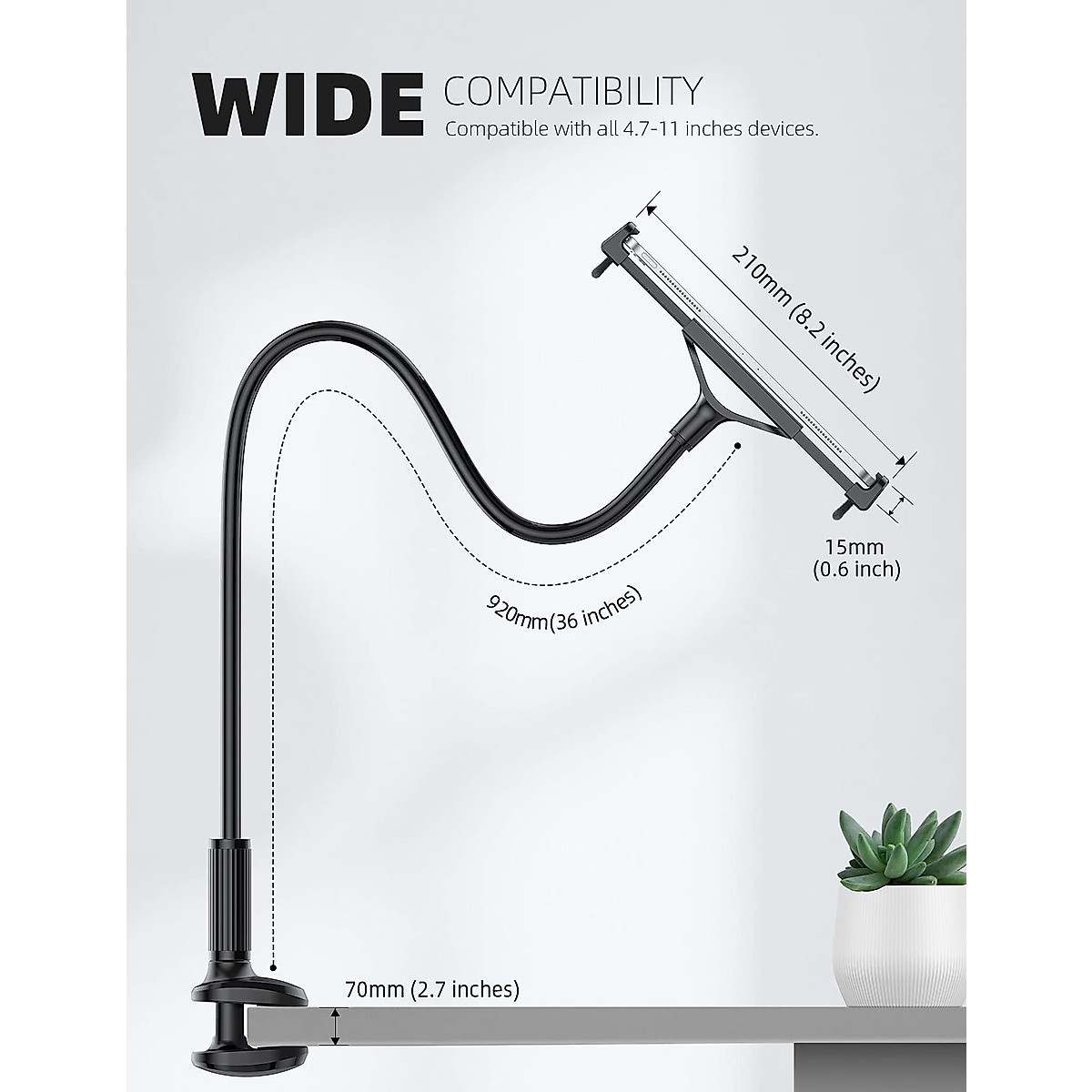 Lamicall Gooseneck Tablet Mount Holder for Bed - Flexible Tablet Arm Clamp for Bed Compatible with Pad Mini 7.9, Air 9.7, Pro 10.5, Kindle, Switch, Galaxy Tabs, More 4.7-11" Device - Black