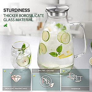 Glass Pitcher with Lid 1 Gallon, 113OZ Glass Water Pitcher with Precise Scale Line, WELLCHE 18/8 Stainless Steel Tea Pitcher 1 Gallon for Fridge, Easy to Clean Heat & Cold Resistant Borosilicate Glass