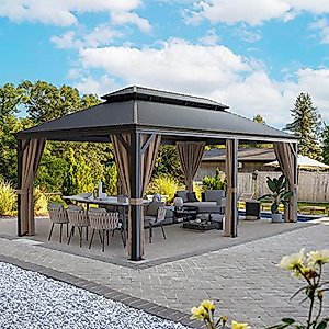 Greesum 12'x20' Hardtop Metal Gazebo, Outdoor Galvanized Steel Double Roof Canopy, Aluminum Frame Permanent Pavilion with Netting and Curtains for Lawns, Patio, Backyard and Deck