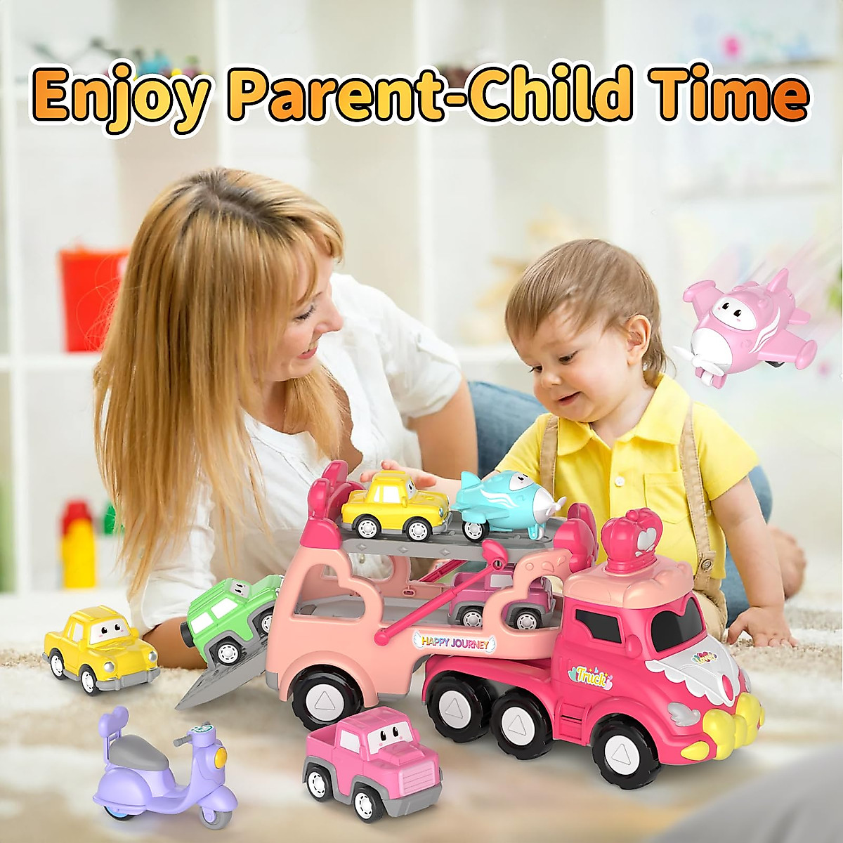 newcrave Toys for 1 2 3 Year Old Girl Truck, 7-in-1 Carrier Truck Cars Toys for Girl, Toddler Girls Toys Age 1-2 2-3, Princess Toy with Light & Sound, Easter Birthday Gifts for 1 2 3 Year Old Girls