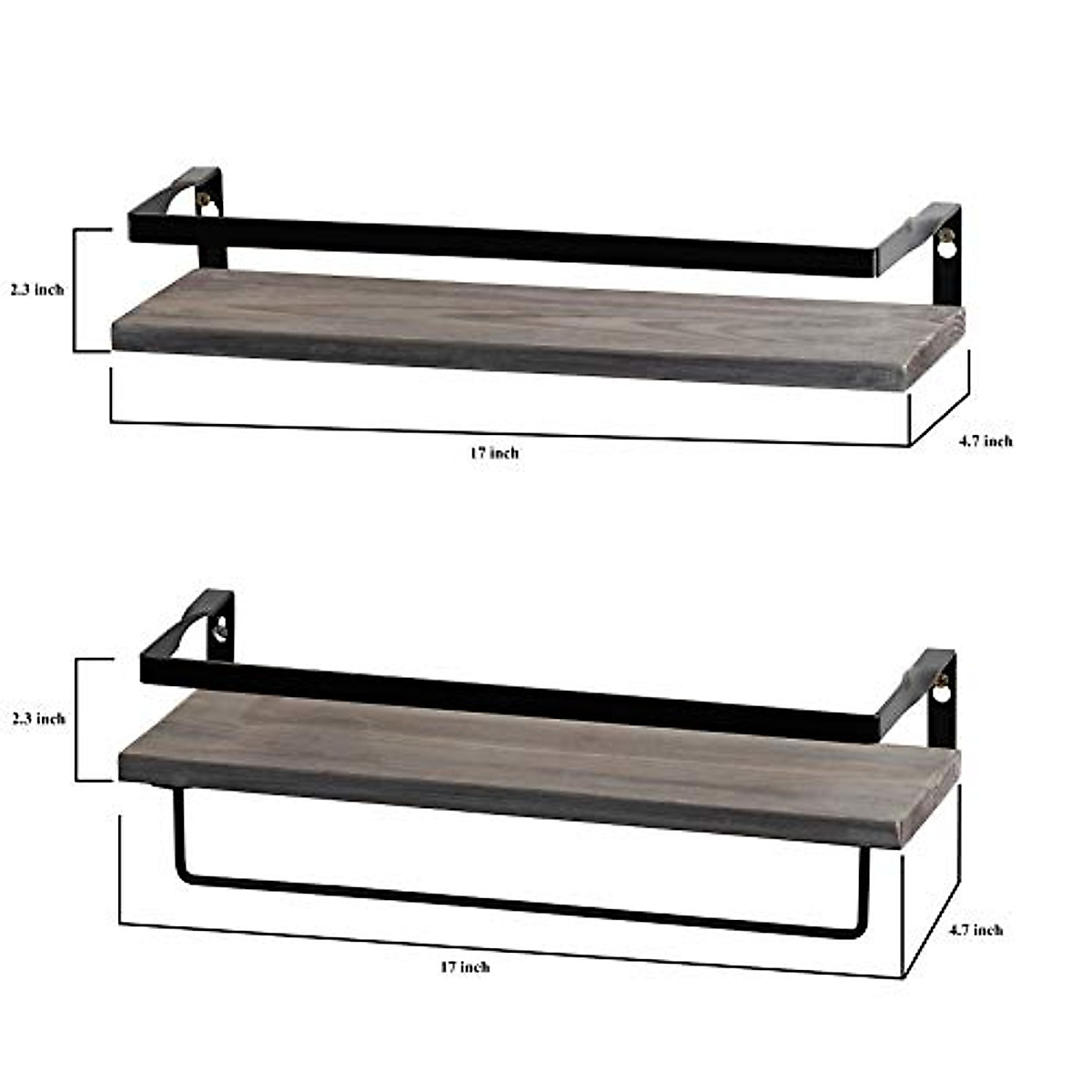 Floating Shelves Wall Mounted Storage Shelves for Kitchen , Bathroom, Bedroom,Living Room,Office. Set of 2 Gray Wood Shelf with Removable Towel Holder, Strong Black Metal Rail Frame. Color Grey