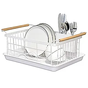 BRIAN & DANY Kitchen Dish Drainer, Large Drying Rack with Full-Mesh Storage Basket, Wooden Handle, Removable Plastic Cutlery Tray, 18.8" x 11.6" x 7.6"