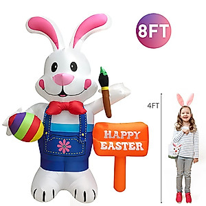 Domkom 8FT Easter Inflatable Decorations Standing Bunny Holding Egg and Paintbrush, Build-in LED Lights Holiday Blow Up Yard Decoration, for Easter Holiday Party, Outdoor,Garden, Yard Lawn Decor