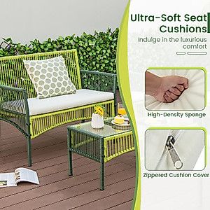 Tangkula 4 Pieces Outdoor Rattan Chair Set, Patiojoy Patio Wicker Conversation Set W/Soft Cushions, Tempered Glass Tabletop, Solid Metal Frame, for Backyard, Poolside, Balcony