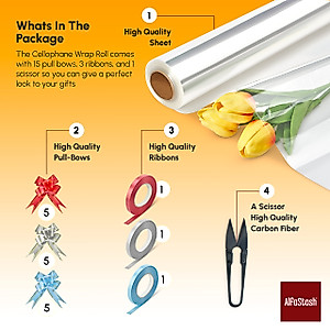 (31.5 in x 110 ft) Cellophane Wrap for Gift Baskets (Accessories are inside wrap Tube) 3Mils Thick, with 15 Pull-Bows, 3 Ribbons & 1 Cutter - Clear Cellophane Wrap Roll for Flowers and Food- Folded in half