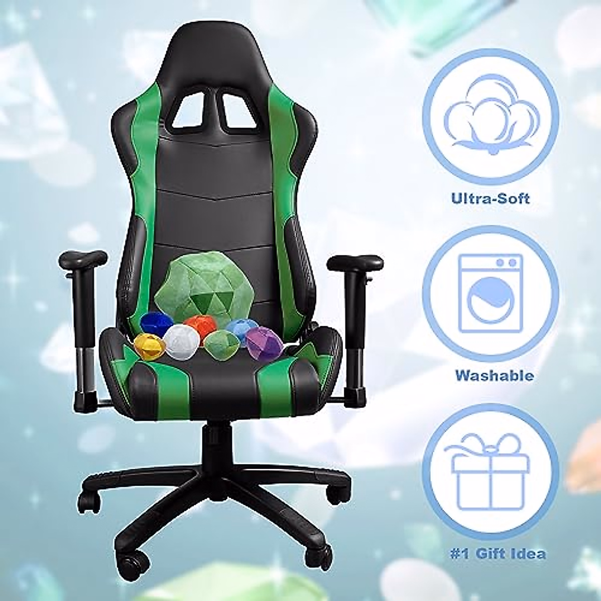 JDS Toy Store 9’’ Master Emerald Stuffed Toy Set with 7 Chaos Emerald, 2.5” Gems Inside; Gifts for Gamers - [Green, Red, Blue, Yellow, Purple, Cyan, and Gray]