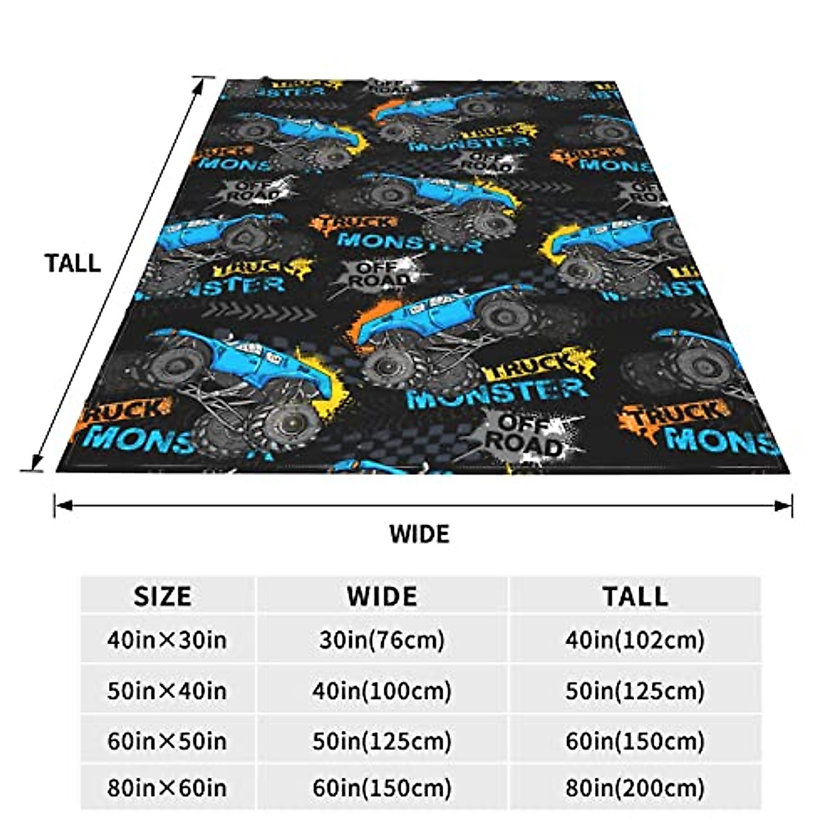 Monster Truck car Throw Blanket Flannel Fleece Autumn Lightweight Soft Fuzzy Cozy Blanket for Couch Bed Fall Decor Travel Blankets Holiday Kids Adult 60"x50"
