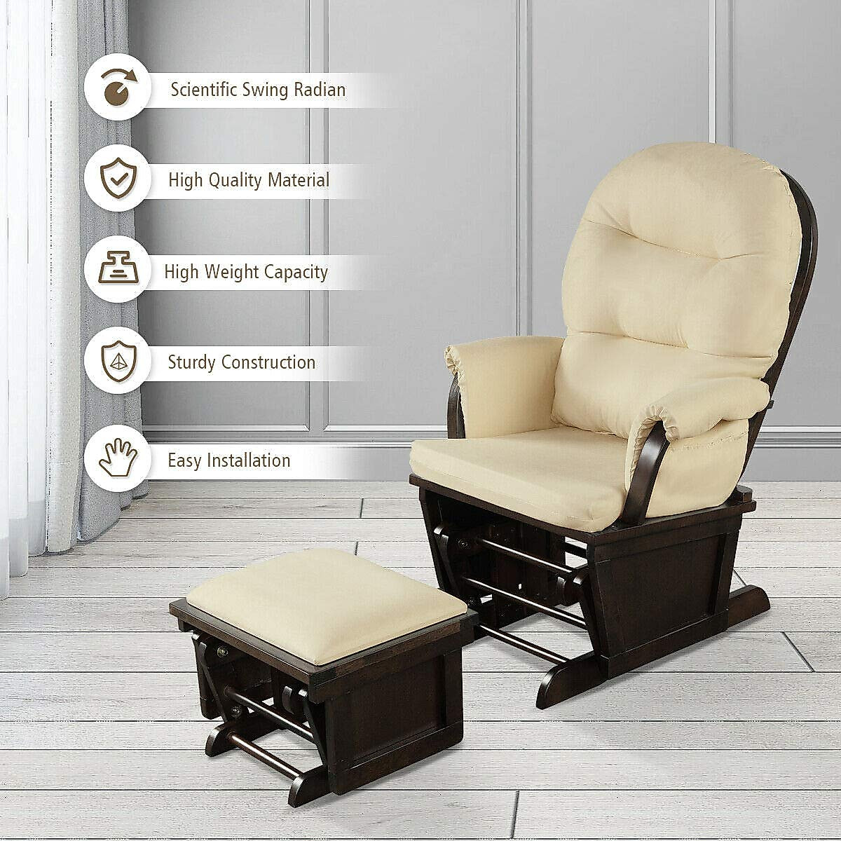 Enjoy Relaxing Home, Office, Sofa Recliner Deluxe Ergonomic Rocking Chair Lounge Glider Ottoman w/Footrest, Beige Brown