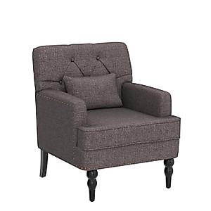 HUIMO Tufted Club Chair with Lumbar Pillow,Upholstered Button Armchair,Accent Reading Chair,Linen Fabric Sofa Chairs for Bedroom, Living Room, Mid Century Modern with Studded Chair Grey