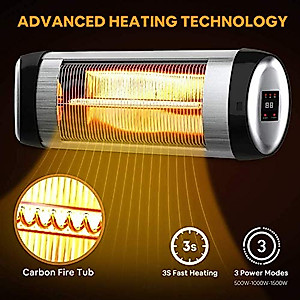 Electric Patio Heater Wall Mounted Waterproof Infrared Heater 1500W, Remote control + timer, Overheat Protection, for Garage Courtyard Balcony Shops Bathroom Outdoor & Indoor