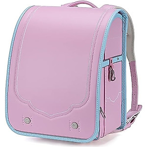Ransel Randoseru Semi-Automatic Backpack Japanese School Bags for Kids Girls Senior PU Leather Large Capacity Light Weight Rain Cover（Pink）
