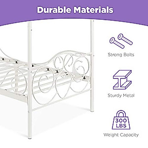 Best Choice Products 4-Post Metal Canopy Twin Bed Frame for Kids Bedroom, Guest Room w/Heart Scroll Design, 14-Slat Support System, Headboard, Footboard - White