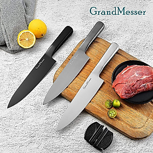 Cooking Chef Knife, 8 Inches Carbon Stainless Steel Kitchen Knife with Sharpener and Ergonomic Handle, Chopping Knife for Professional Use（Matte Stainless）