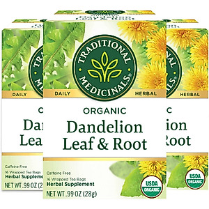 Traditional Medicinals Organic Dandelion Leaf & Root Herbal Tea, Supports Kidney Function & Healthy Digestion, (Pack of 3) - 48 Tea Bags Total
