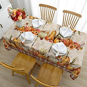 Hexagram Rectangle Thanksgiving Tablecloth with Countryside Leaves and Pumpkins Thankgiving Decorations, Printed Fall Tablecloth for Harvest, Thanksgiving Holiday and Parties Table Cover, 60x84 Inch