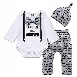 Tikoubabe 3-6 Months Baby Boy Clothes Newborn Outfits Infant Cute Hipster Romper + Long Pants + Hat 3 Pieces Ladies I Have Arrived Printed Mustache hat 3-6 Months 80cm