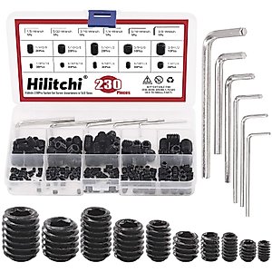 Hilitchi 230Pcs Socket Set Screw Assortment in SAE Sizes Internal Hex Drive Cup Point Allen Grub Screws 12.9 Class Black Alloy Steel (10Sizes)
