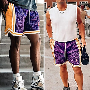 BOOMLEMON Men's Basketball Shorts Workout Athletic Paisley Shorts Mesh Print Running Short Pants(Patchwork Purple XS)