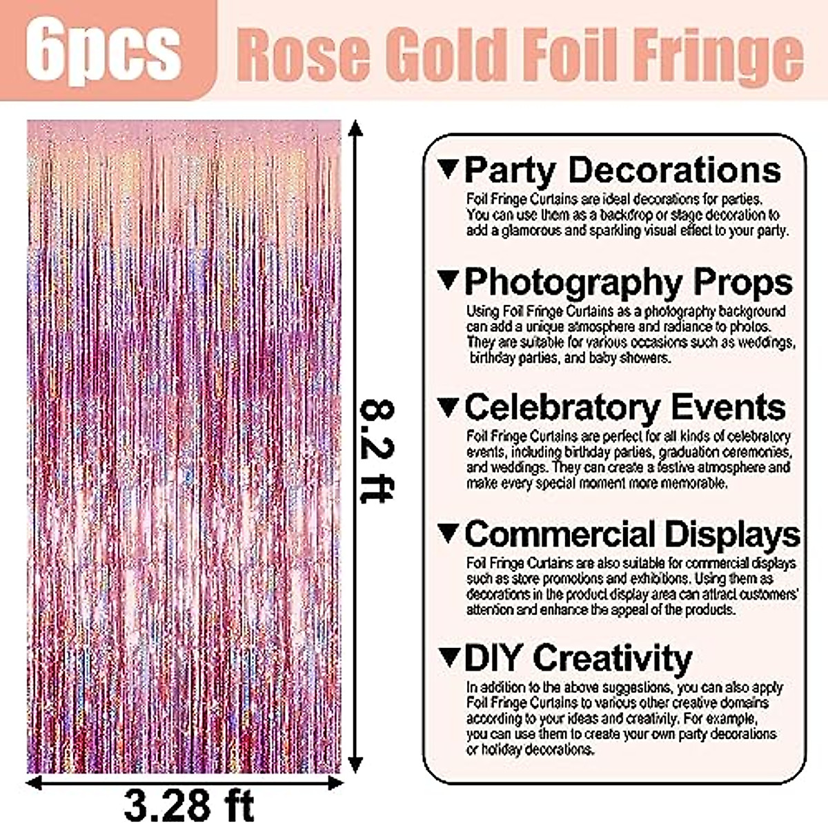 6 Pack Rose Gold Foil Fringe Curtain Backdrop, 3.28Ft x 8.2Ft Metallic Tinsel Foil Fringe Streamer Curtains for Photo Booth, Christmas, Halloween, Birthday, Wedding Party Decorations