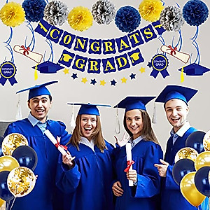 Graduation Decorations, 2023 Grad Party Supplies Blue Yellow CONGRATS GRAD Banner Hanging Swirls Tissue Pom Poms Cupcake Toppers Party Balloons for School Celebration Grad Photo Booth Props