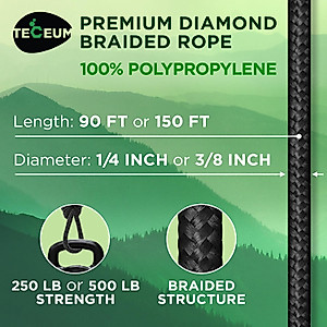 TECEUM Rope – 1/4” & 3/8” – 90 FT | 150 FT – Strong All-Purpose Utility Rope – Camping, Crafting, Flag Pole, Indoor & Outdoor – Polypropylene Nylon Poly Lightweight Diamond Braided Cord – Black