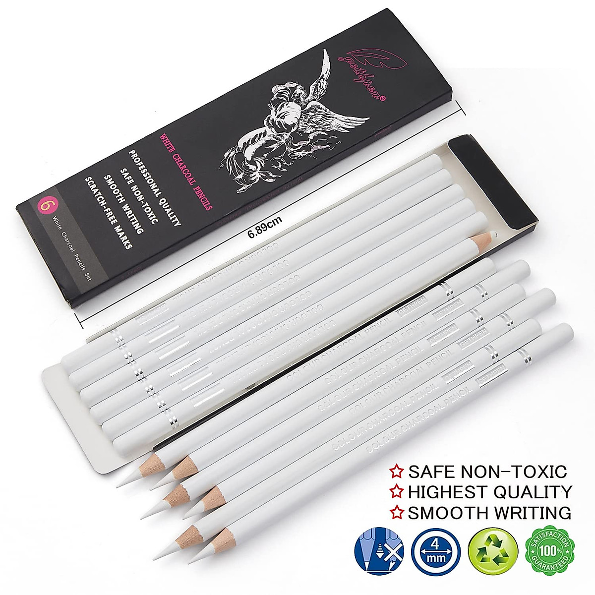 GETHPEN Professional White Charcoal Pencils Set - 6 Pieces Sketch Highlight White Pencils for Drawing, Sketching, Shading, Blending, White Chalk Pencils for Beginners & Artists