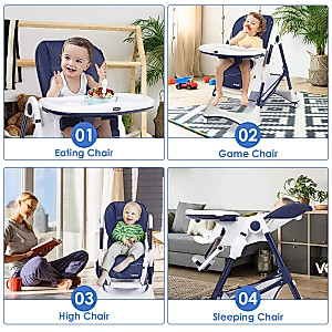 INFANS High Chair with One-Hand Removable Tray, 4 Lockable Wheels & Large Storage Basket - Multi-Adjustable Height, Recline & Footrest, Removable Cushion, Foldable for Baby, Infant& Toddler (Navy)