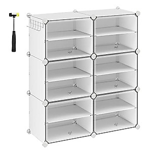SONGMICS Interlocking Shoe Rack, Plastic Shoe Storage Cabinet, 6-Slot Modular Storage Organizer Unit, 11.8 x 15.7 x 11.8 Inches for Each Slot, with Doors, Steel Frame, Plastic Panel, White ULPC033W01