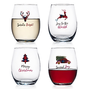 Elegant Home Set of Four (4) 17oz Holiday Festive Christmas Stemless Clear Red Or White Wine Glass With Christmas Tree, Car & Reindeer Design Design