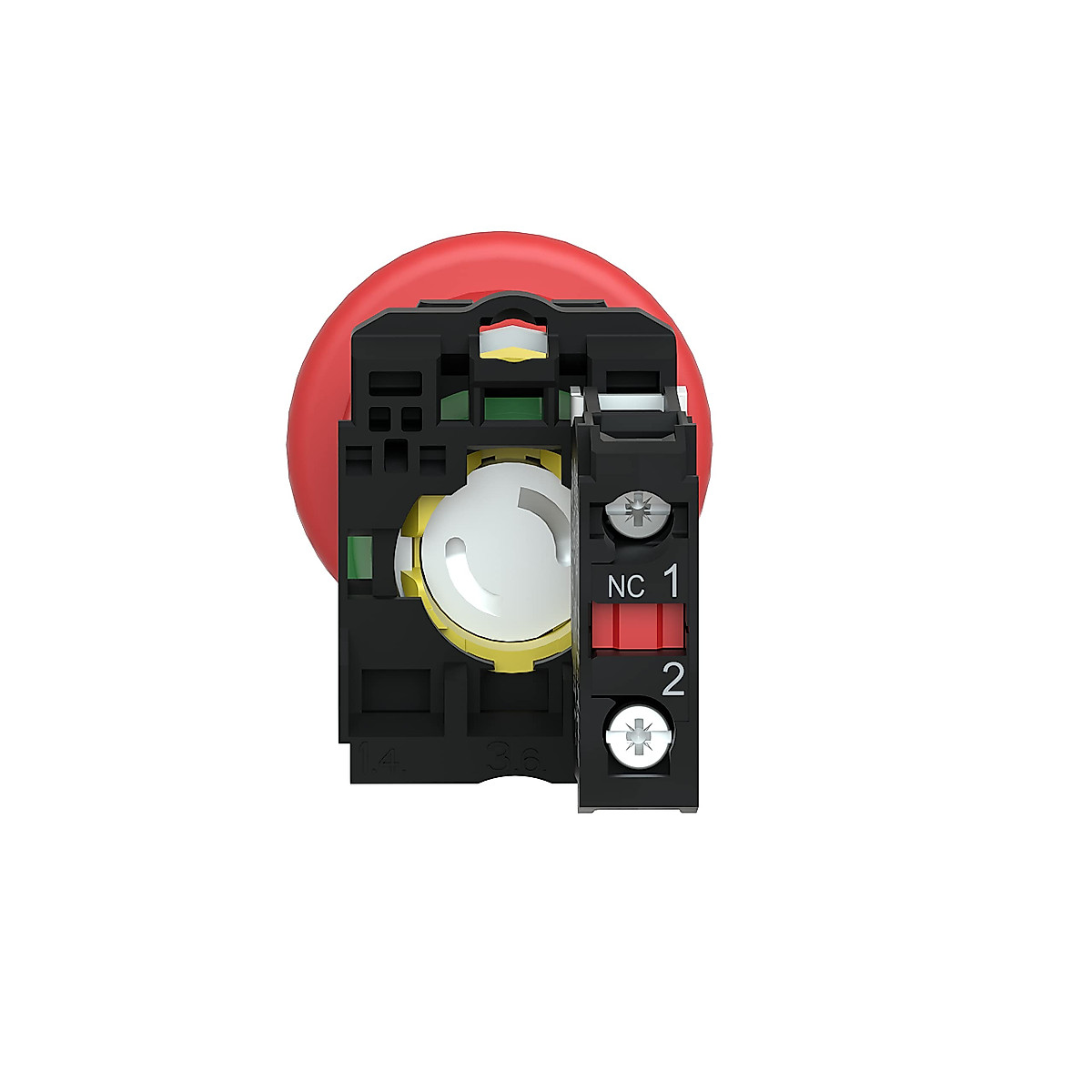 Schneider Electric XB5AT842 Emergency Stop Push Button Switch for Industrial Machinery, Plastic Bezel, Fits 22mm Diameter Cutouts, Trigger Latching Push-Pull, 1NC, 40mm Red Mushroom