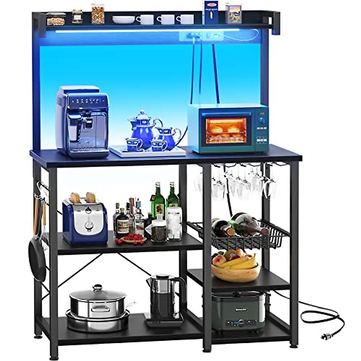 Topfurny Bakers Rack with Power Outlet, Microwave Stand, Kitchen Storage Shelf with Led Lights, Coffee Bar Station with Wine Glass Holder, Kitchen Rack for Spices, Pots, and Pans, Black