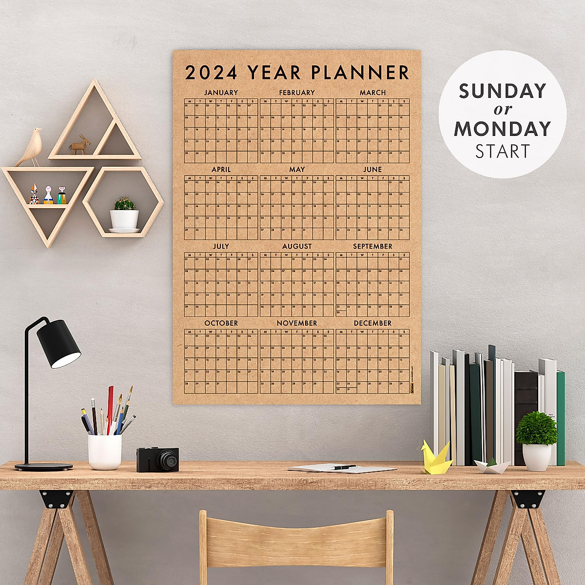 KRAFT Paper 2024 Year Planner, Minimal 2024 Wall Calendar, MONDAY or SUNDAY Start, Monthly Planner, RECYCLED Paper (50 x 70 cm (19.7 x 27.5 inches) size, Sunday Start Calendar)