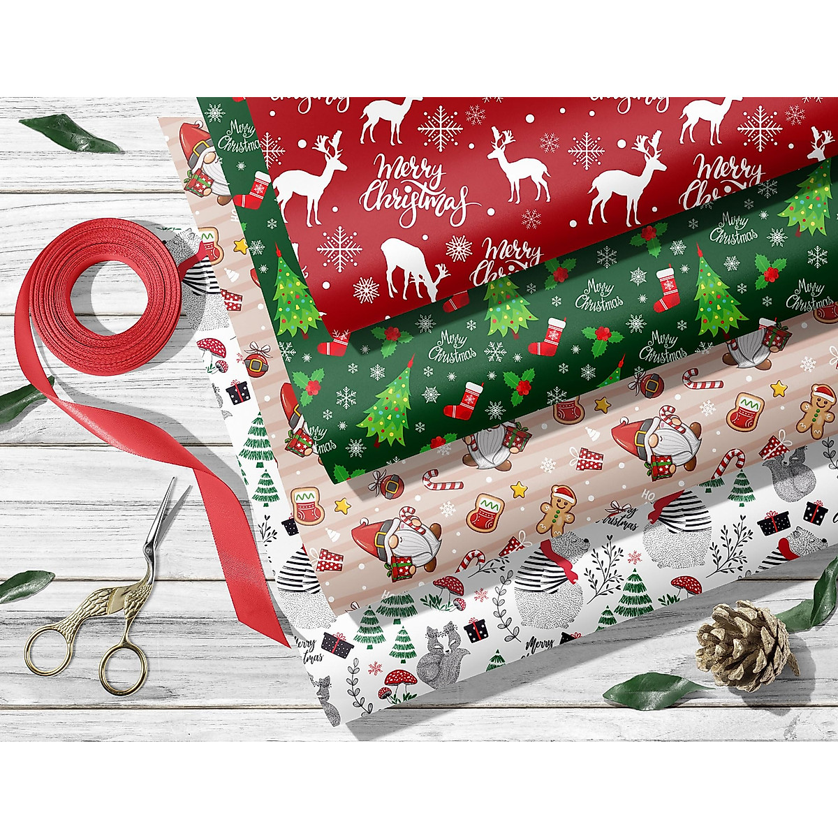 SaringSwoon Christmas Wrapping Paper for Boys Girls Kids Adults - Xmas Gift Wrap With Gnome, Reindeer, Polar Bear, Merry Christmas on Green and Red - 43×29 Inches, 6 Folded Sheets, Recyclable