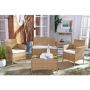 SAFAVIEH Outdoor Collection Bandele Natural/White Cushion 4-Piece Conversation Patio Set PAT7506D