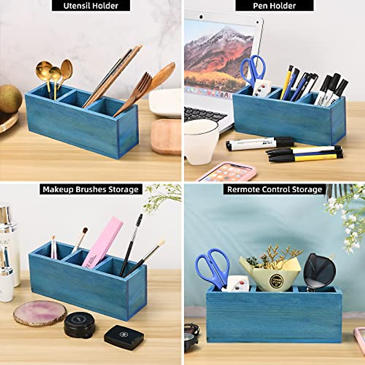 dedoot Wood Remote Holder Desk Organizers, Blue Wooden Pencil Holder Wooden Drawer Organizer 3 Section, Rustic Remote Control Holder for School, Home and Office Supplies, 9x3x3.4 Inches