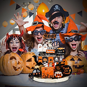 Thyle 15 Pcs Halloween Tiered Tray Decor Set Cute Halloween Wooden Signs Black and Orange Tray Signs Happy Halloween Wooden Signs Ghost Wooden Block Halloween Decor for Home