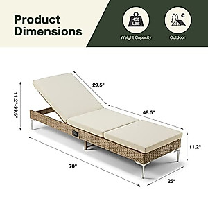 HOMREST Outdoor Chaise Lounge Chair Set of 2, Patio Wicker Lounge Chair with Pneumatic Adjustable Backrest, Rattan Pool Sunbathing Lounge Chair Suitable for Outside with Removable Cushion (Khaki)