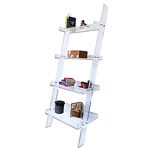 Acrylic Ladder Bookcase – Large Modern Clear Leaning Floating Wall Bookshelf - Standing Decor Display Unit for Open Shelving, Organizer, or Storage in the Living Room, Office, Bedroom, or Bathroom