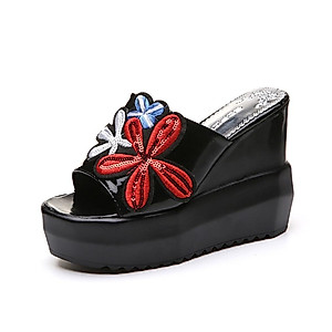 WensLTD Women's Thick-Bottom Sloped Slippers Embroidered High-Heeled Wedges Platform Shoes (6.5, Black)