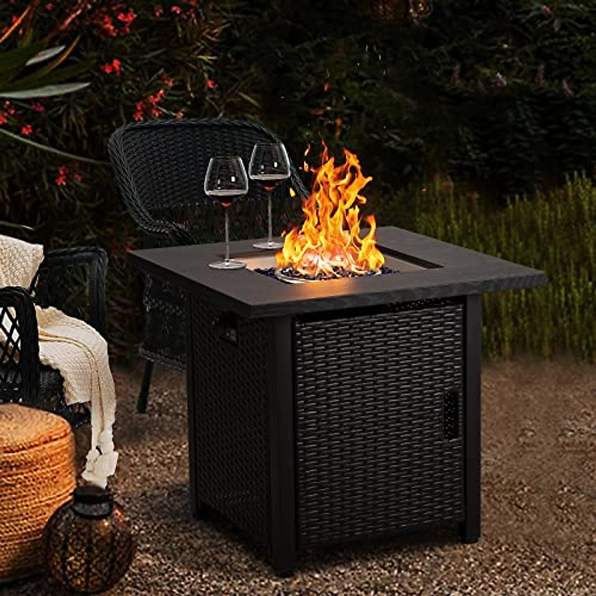 28 Inch Outdoor Fire Pit Table , 50,000 BTU Wicker Patio Fire Pit Table,Faux Wood Tabletopt, Outside Garden Backyard Deck Patio by HANLIKO-Black