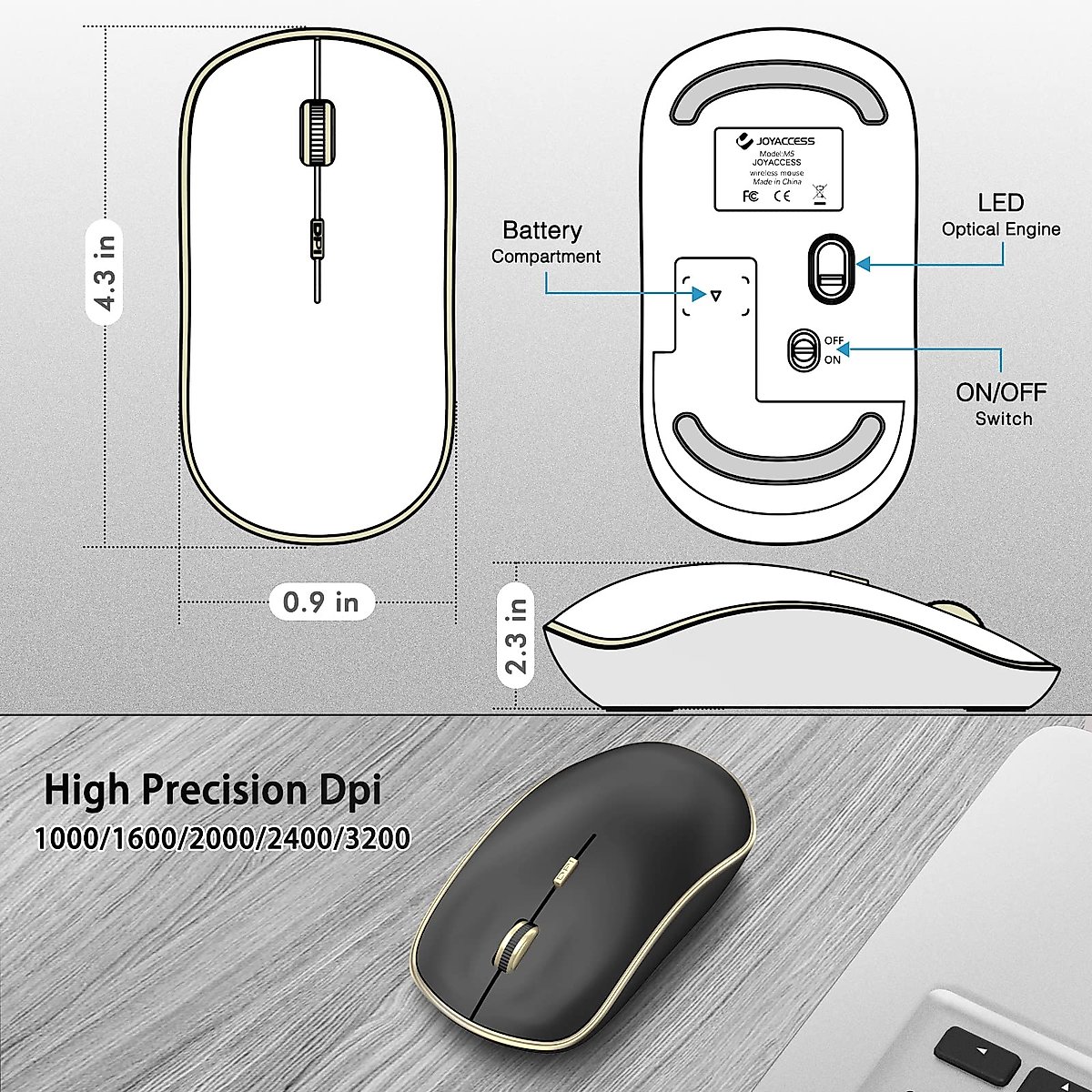 JOYACCESS J Silent Mouse Wireless, Portable Wireless Computer Mouse with 5 Adjustable DPI Levels, USB Mouse for Desktop, Notebook, MacBook, Chromebook, PC (Black Gold)