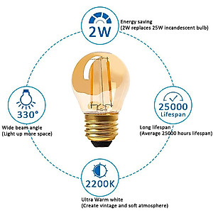 Panledo 2 Watt Vintage Edison LED Bulbs, Globe LED Filament Bulb, 2200K Ultra Warm Light, E26 Medium Base, A15 Amber Glass Antique Gold Tint, 25W Incandescent Replacement, Dimmable, Pack of 6
