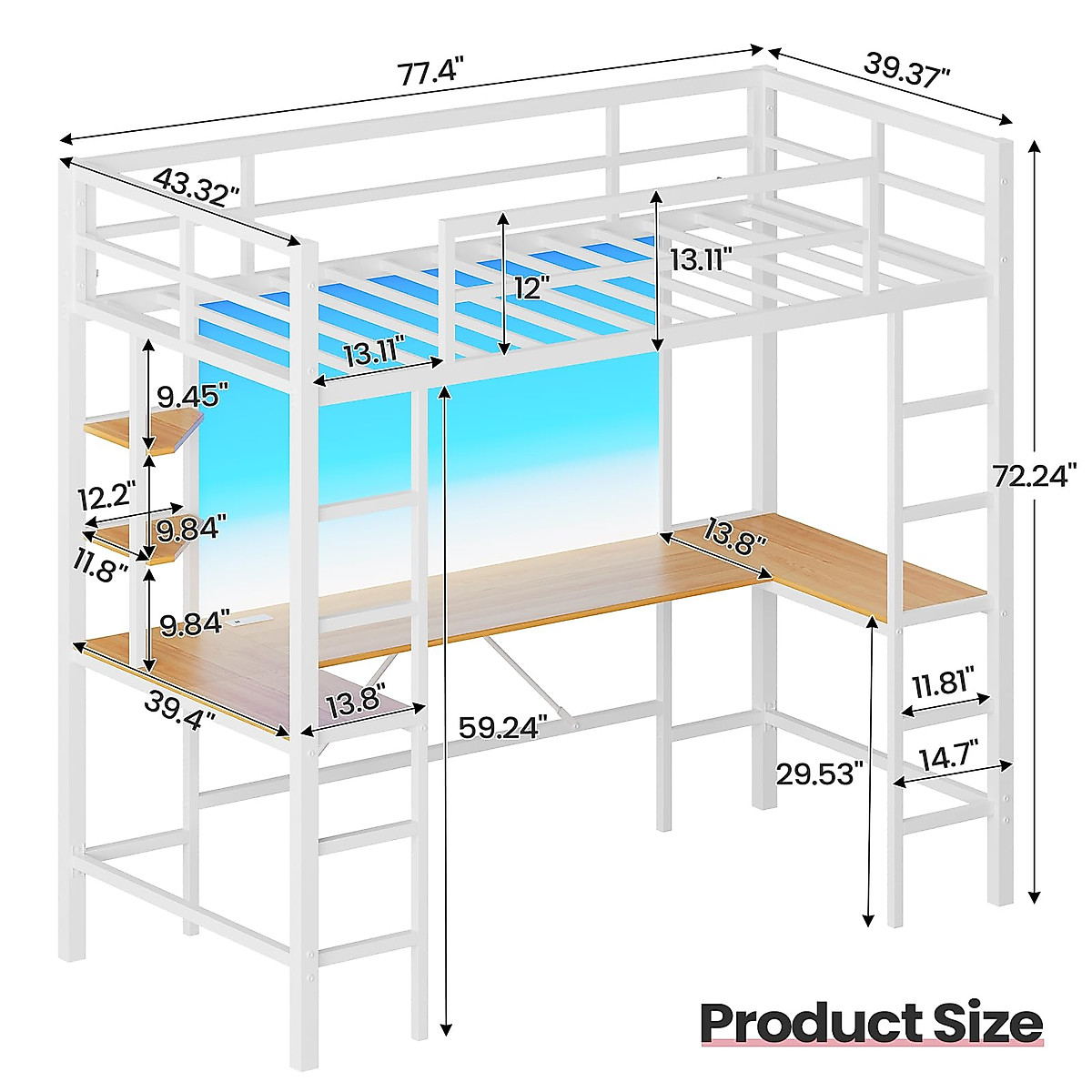 Hasuit Twin Metal Loft Bed with U-Shaped Desk, Charging Station &LED Lights, Twin LED Loft Bed with Open Storage Shelves, Safety Guardrail & Double Ladder,No Box Spring Needed, White Loft Bed
