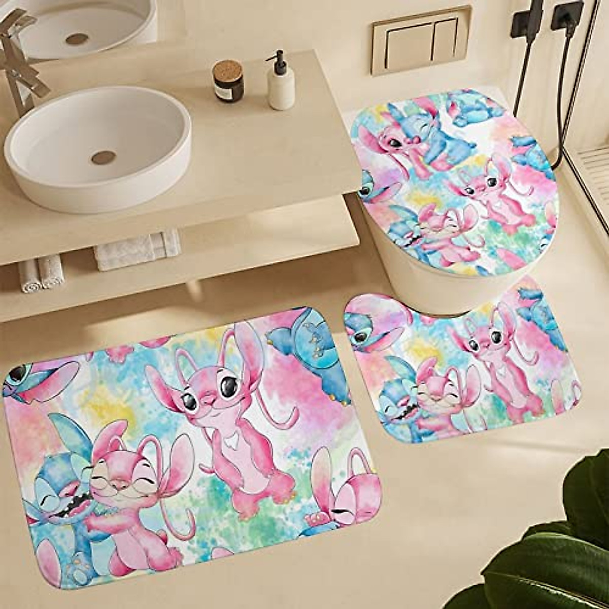 fmsnupz Cartoon Shower Curtain 4PCS Set, Cute Bathroom Decor with Non-Slip Rugs, Toilet Lid Cover and Bath Mat, Waterproof Fabric Shower Curtains with 12 Hooks, 70.8"x70.8"