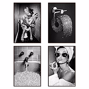 Bathroom Decor Wall Art Prints Glam Glitter Tissue Bathroom Artwork for Wall Black and White Modern Fashion Women Funny Bathroom Wall Art Set of 4 (8x12 in UNFRAMED, Black and White)