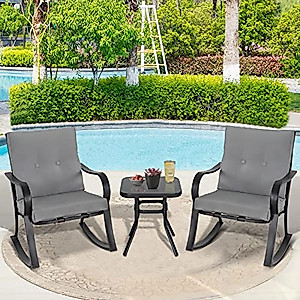 Omelaza 3 Pieces Outdoor Rocking Bistro Set, Patio Steel Furniture, Porch Chairs Conversation Set with Thickened Cushion and Glass Top Coffee Table (Grey)
