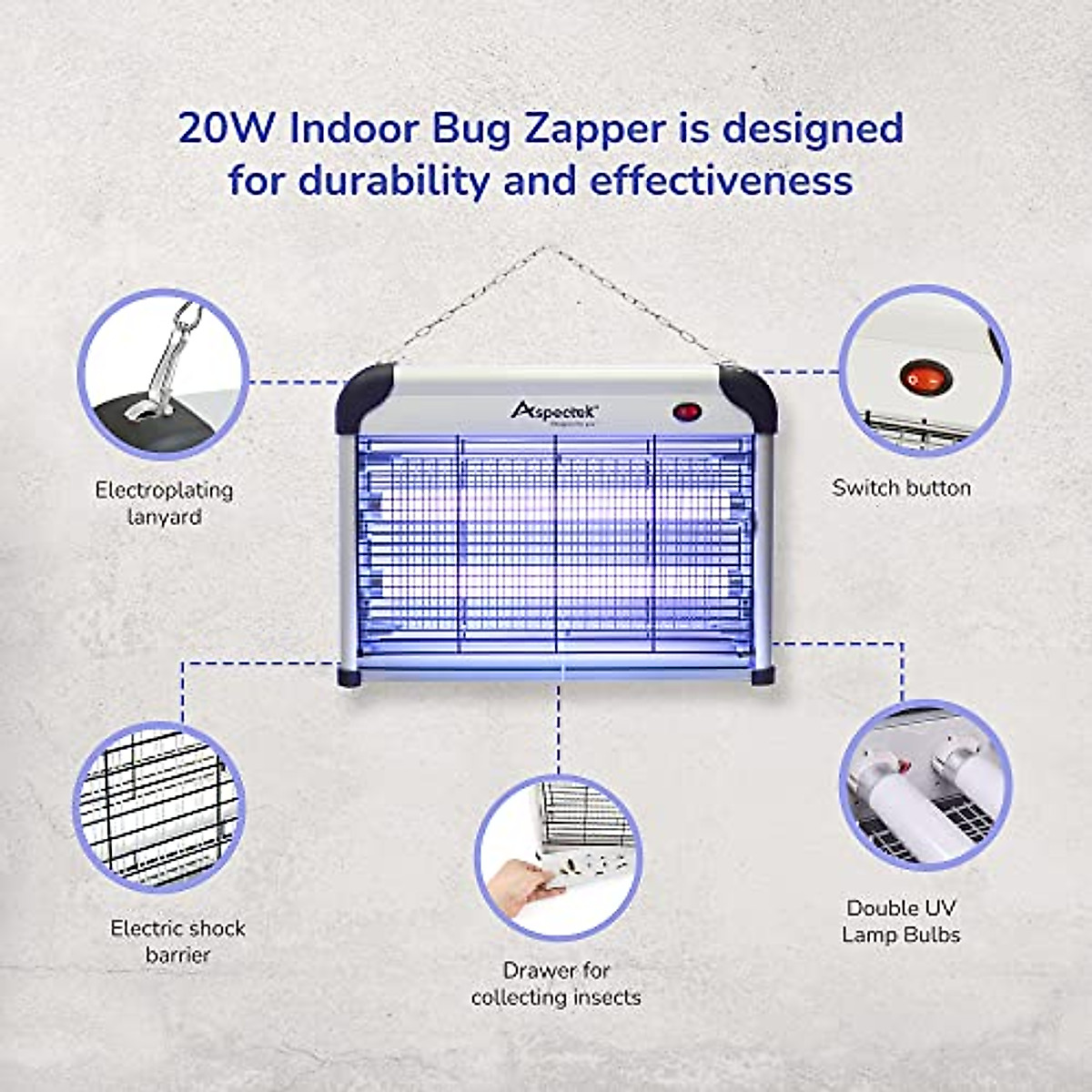 ASPECTEK Powerful 20W Electronic Insect Indoor Zapper, Bug Zapper, Fly Zapper, Mosquito Killer-Indoor Use Including 2 Pack Replacement Bulbs