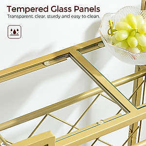 MAHANCRIS Gold Bar Cart, Home Bar Serving Cart, 3 Tier Drink Cart with 7 Wine Bottle Racks, Glass Holders, Beverage Cart on Wheels for Kitchen, Bar, Dining Room, Living Room, Outdoor, Glass, RCJ50B01